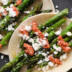 Roasted Asparagus Tacos with Harissa Romesco | Hello Veggie