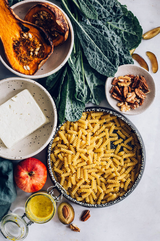 Autumn Pasta Salad with Roasted Squash, Kale and Feta Cheese | Hello Veggie