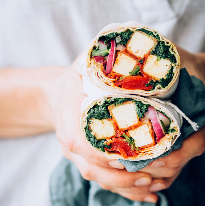 Crispy Buffalo Tofu Wrap with Spinach and Roasted Red Pepper | Hello Veggie