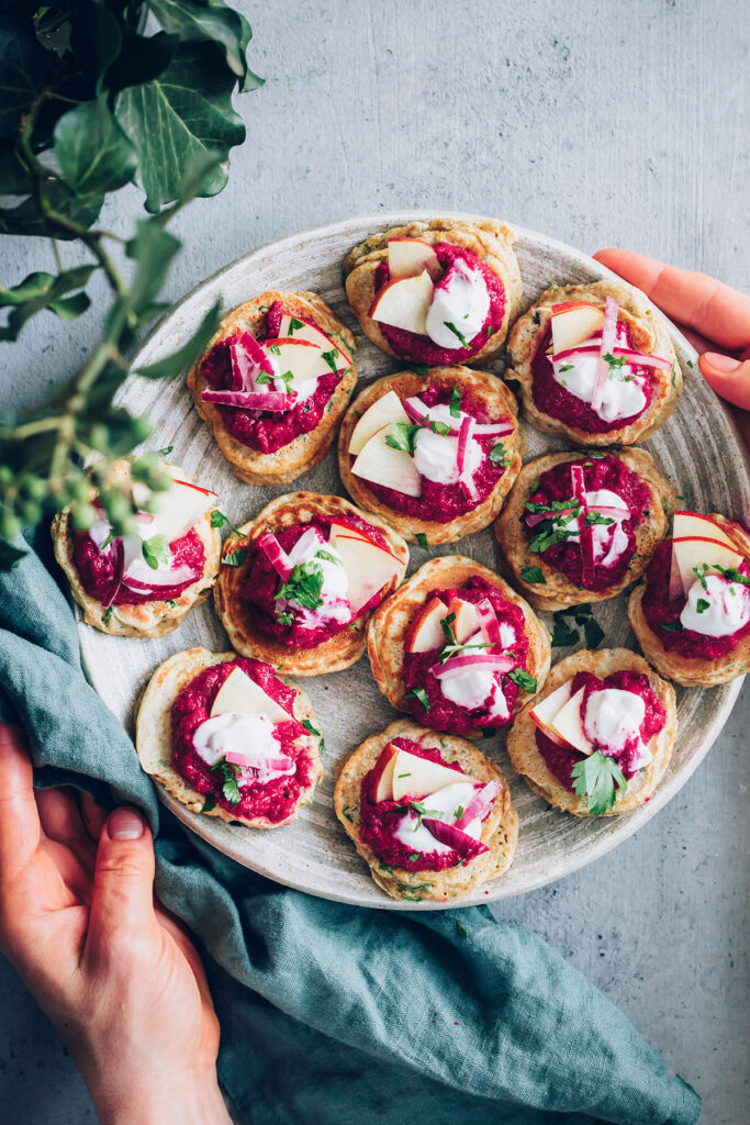 Mini Blinis with Miso Beet Spread and Horseradish Yogurt | Hello Veggie