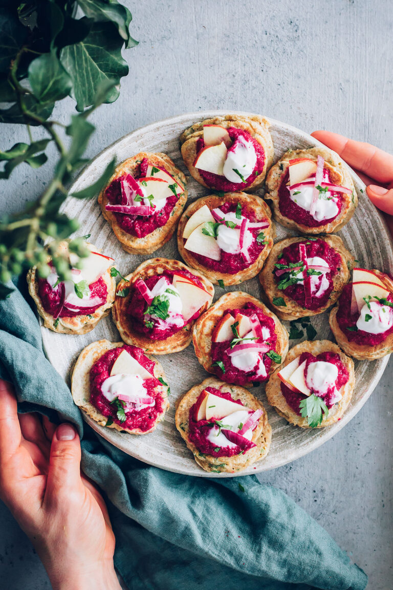 Mini Blinis with Miso Beet Spread and Horseradish Yogurt | Hello Veggie