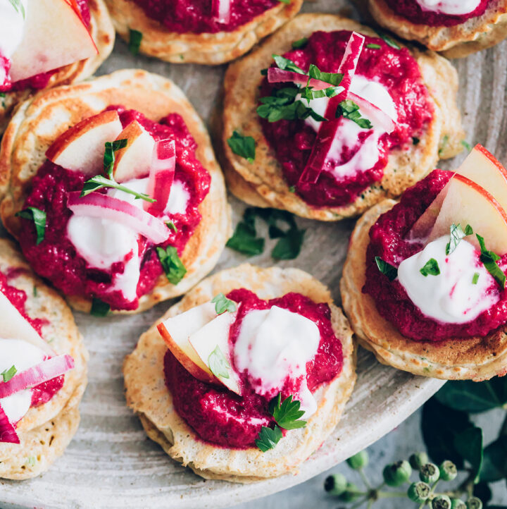 Mini Blinis with Miso Beet Spread and Horseradish Yogurt | Hello Veggie