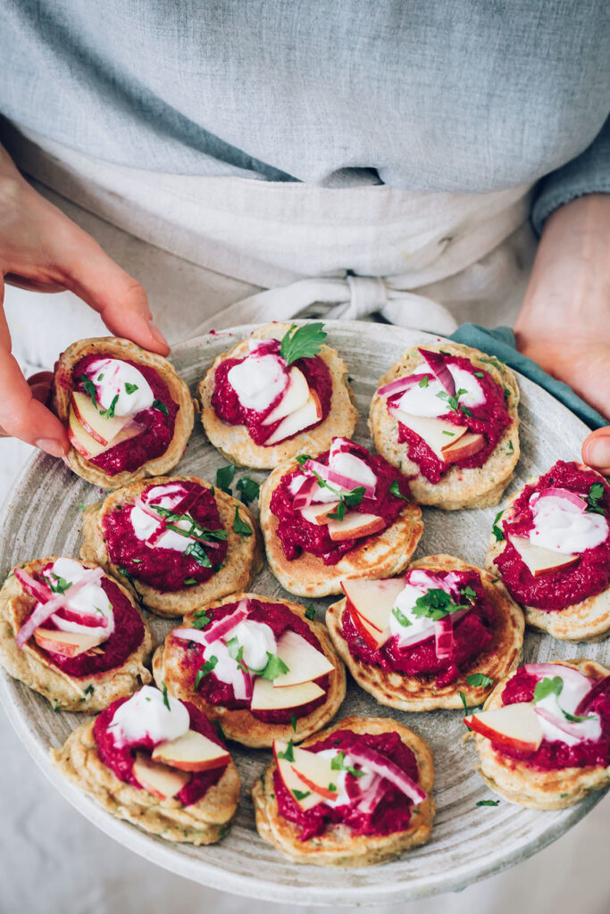 Mini Blinis with Miso Beet Spread and Horseradish Yogurt | Hello Veggie
