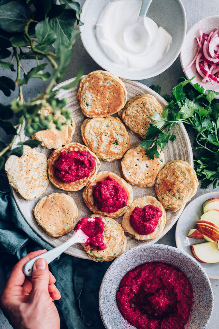 Mini Blinis with Miso Beet Spread and Horseradish Yogurt | Hello Veggie