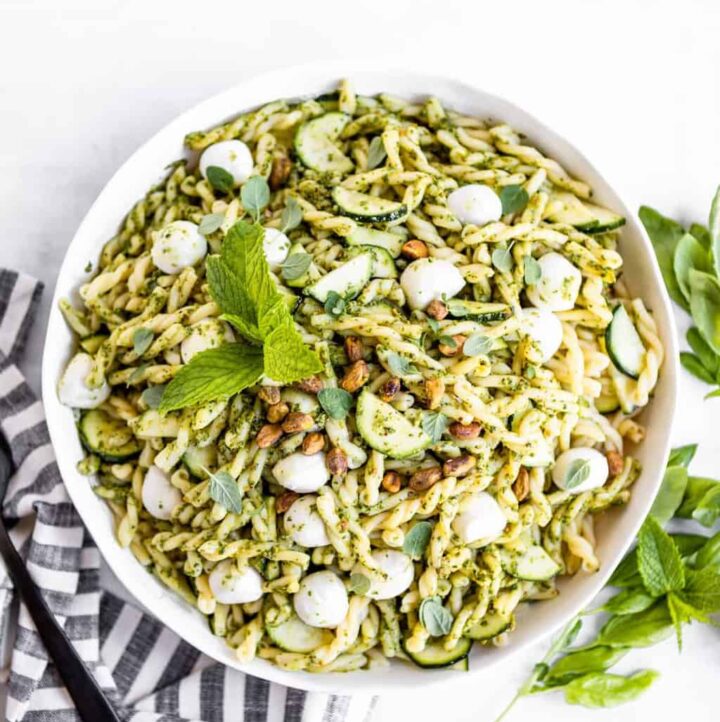 Pistachio Pesto Pasta with Zucchini and Fresh Mozzarella | Hello Veggie